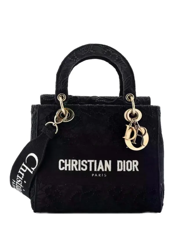 Dior Lady D-lite Medium Shoulder Bag Embroidery With Macrame Effect - Black