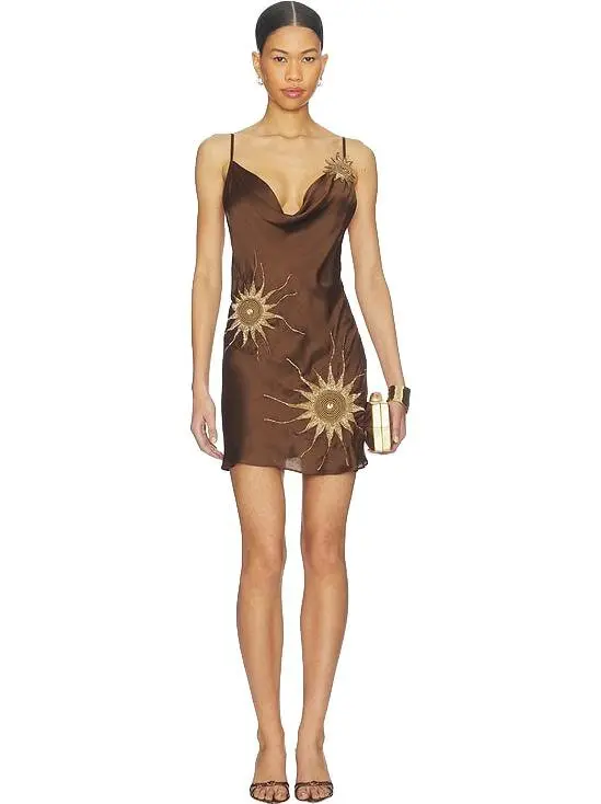 LESLIE AMON Galli Mini Dress With Beaded Sunburst Detail - Brown