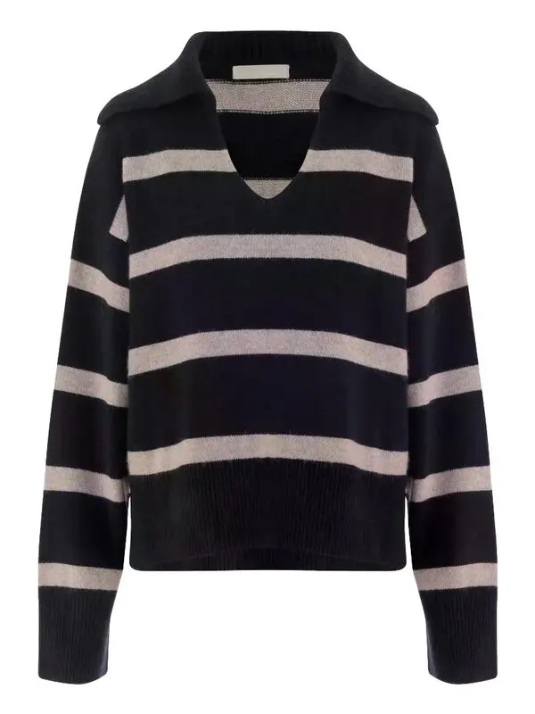 ALLUDE Striped V-neck Sweater - Black