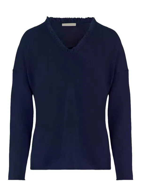 ALLUDE Fringed-neck V-neck Sweater - Blue