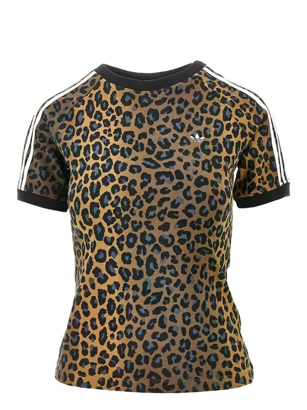 Adidas Leopard-print Tee With 3-stripes - Brown