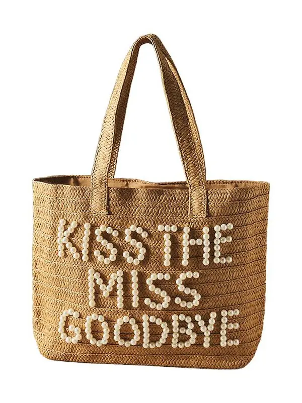 UNTAMED PETALS Pearl Lettering Straw Tote Bag - Rattan