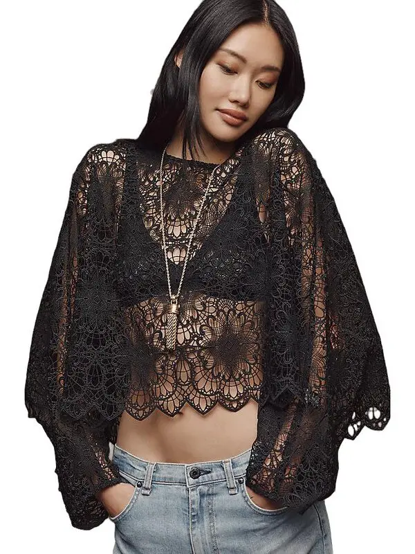 CURRENT AIR Cutwork Lace Poncho Top - Black