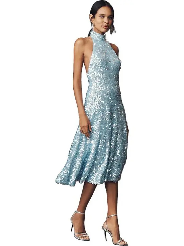 HELSI Carla Halter Sequin A-line Midi Dress - Icy Blue