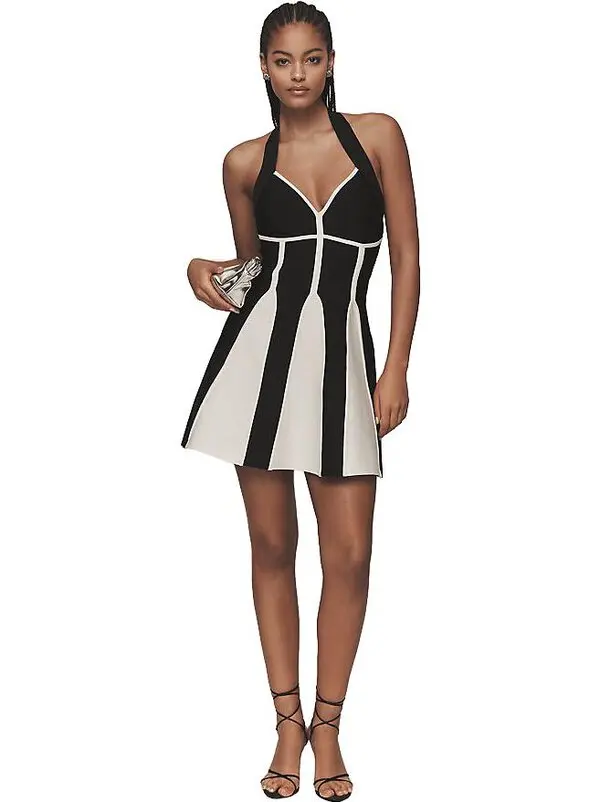 SIEMPRE Colorblock Halter Dress - Black & White Pattern