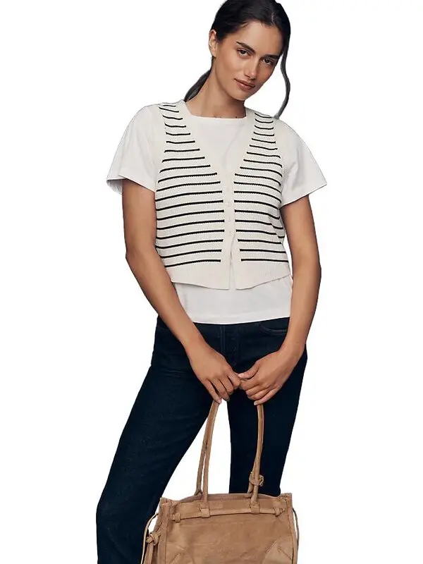 Maeve Striped Vest T-shirt Twofer Top - Black/white Stripe