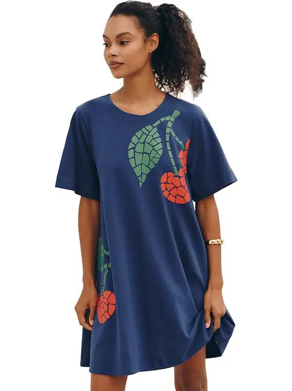 CELANDINE Graphic Short-sleeve Mini Swing Dress - Navy