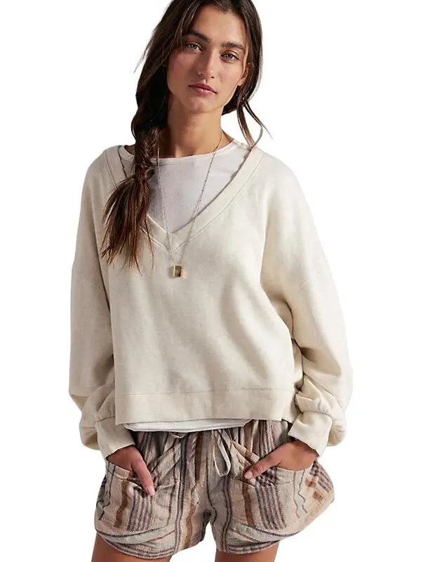 Free People We The Free Comfort Zone V-neck Pullover - Oatmeal Heather