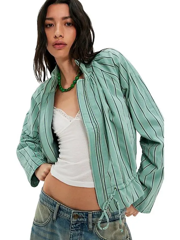 Free People Striped Balloon Jacket - Slate Combo