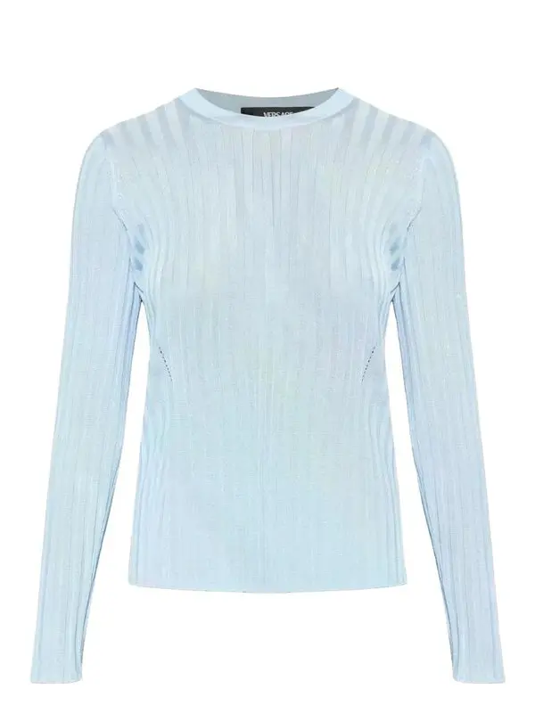 Versace Ribbed Knit Crewneck Top With Medusa Stud - Blue