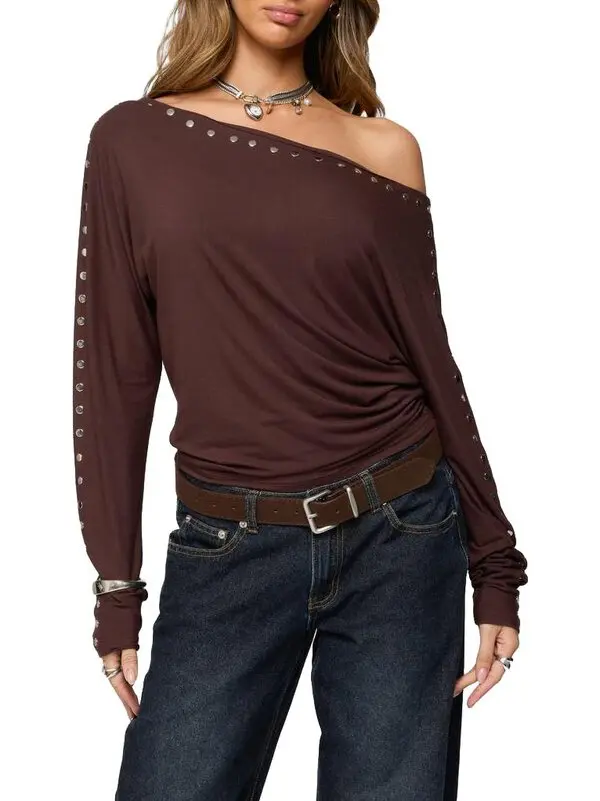 EDIKTED Paola Studded One-shoulder Top - Brown