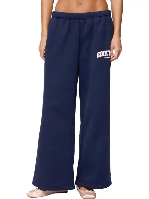 EDIKTED Wide Leg Graphic Sweatpants - Navy