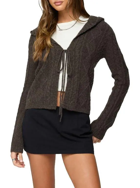 EDIKTED Jayla Cable Knit Hooded Cardigan - Brown