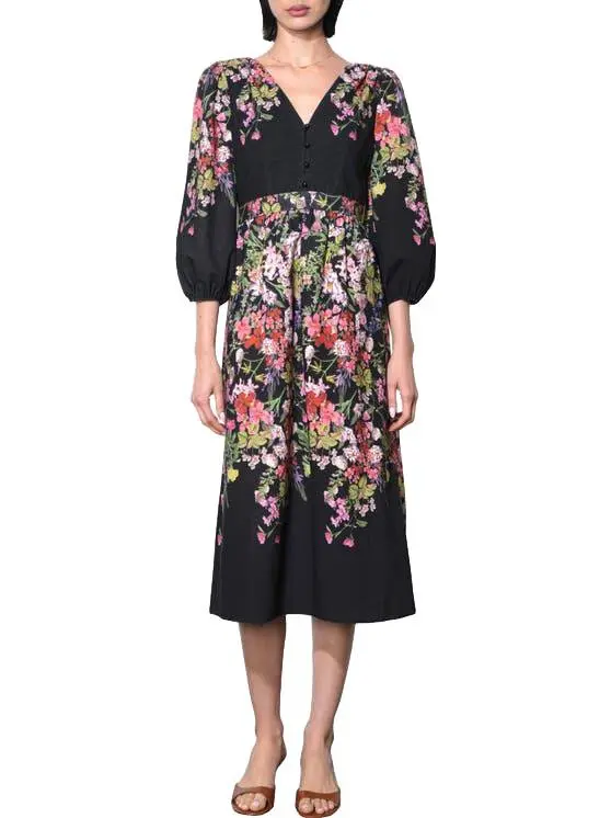 Adelyn Rae Tessa Floral Print Balloon Sleeve Midi Dress - Black Floral