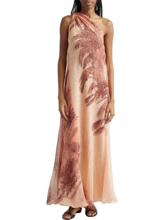 Johanna Ortiz Freedom Palm Print Metallic Silk Crêpe De Chine Maxi Dress - Ecru/peach