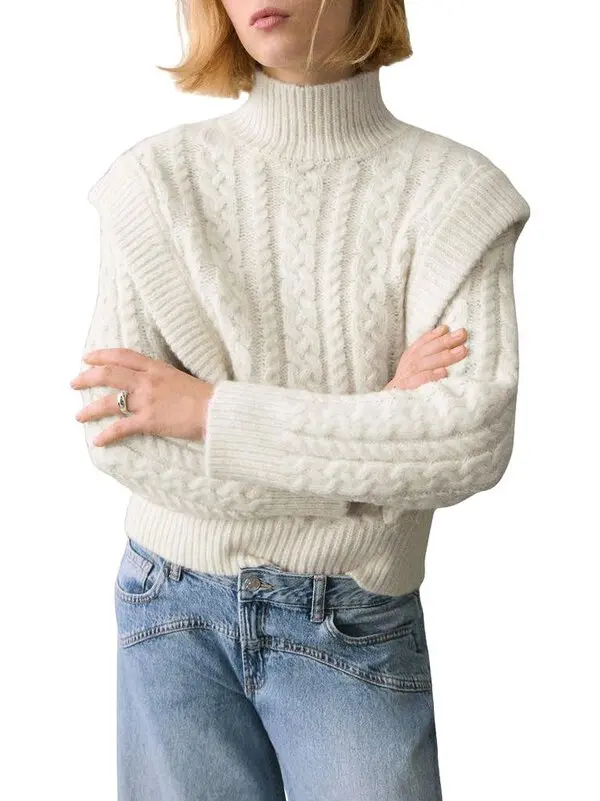 Mango Perkins Mock Neck Cable Knit Sweater - Ecru