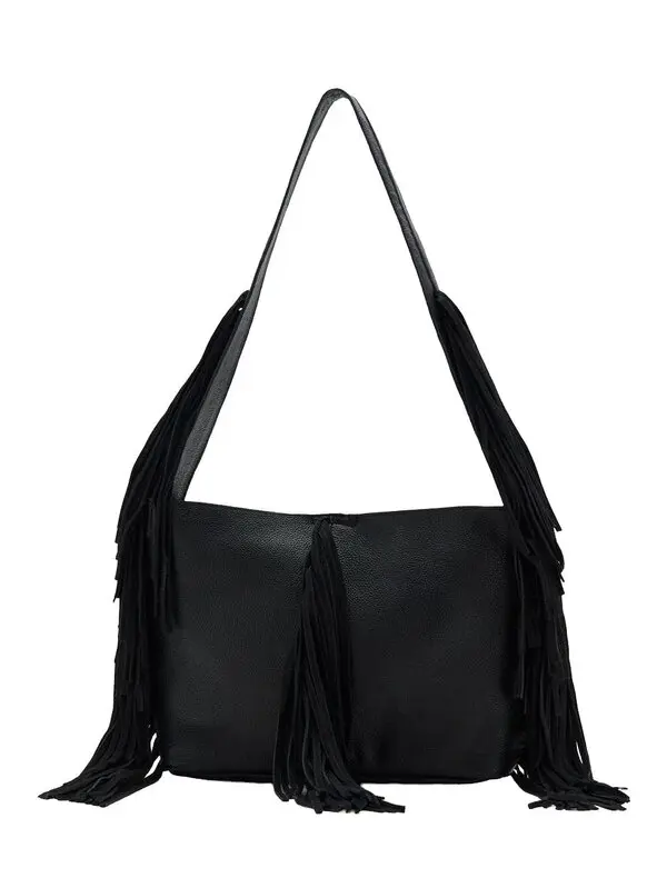 Mango Fringe Leather Shoulder Bag - Black