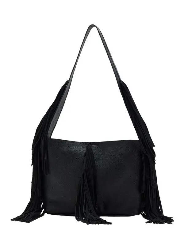 Mango Fringe Leather Shoulder Bag - Black
