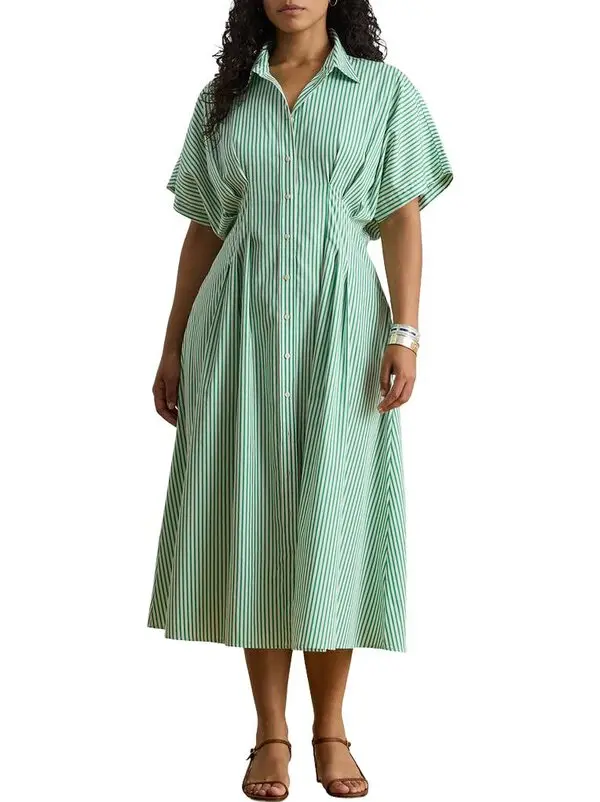 Ralph Lauren Striped Gathered Waist Cotton Shirtdress - Green/white Multi