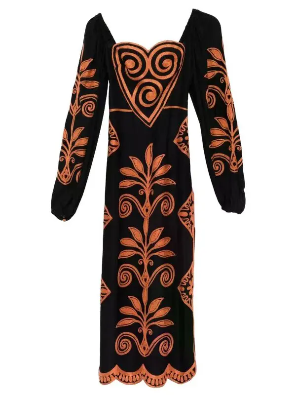 Farm Rio Cornely Ainika Long-sleeve Midi Dress - Black