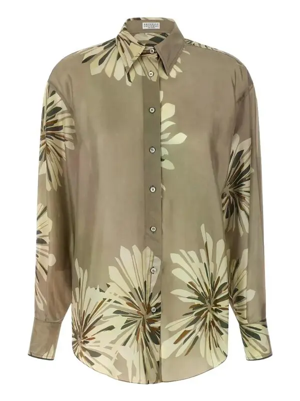 Brunello Cucinelli Floral Silk Shirt With Monili Detail - Neutrals