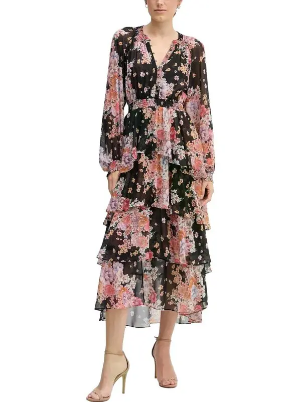 Hale Bob Adalee Floral-print Tiered Midi Dress - Black