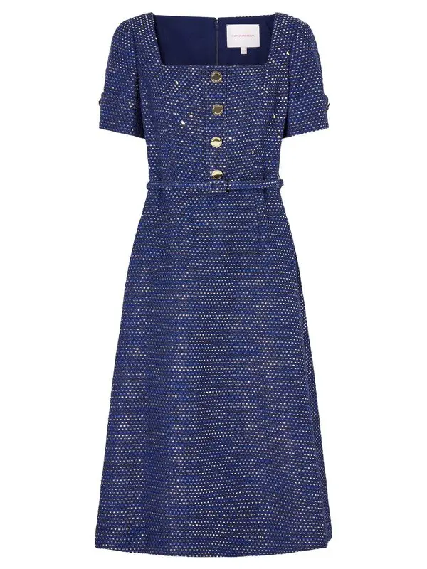 Carolina Herrera Belted Metallic Cotton-blend Tweed Midi Dress - Blue
