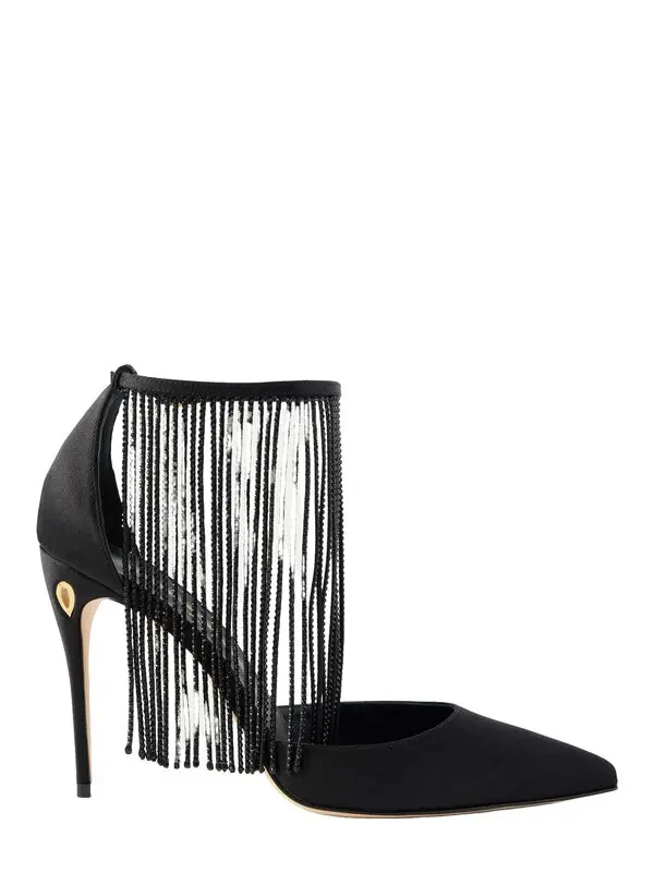 Jennifer Chamandi Fernando 105 Crystal-embellished Fringed Satin Pumps - Black
