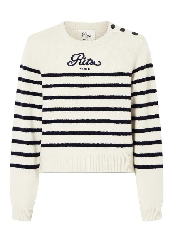 FRAME Ritz Paris Embroidered Striped Cashmere Sweater - Cream