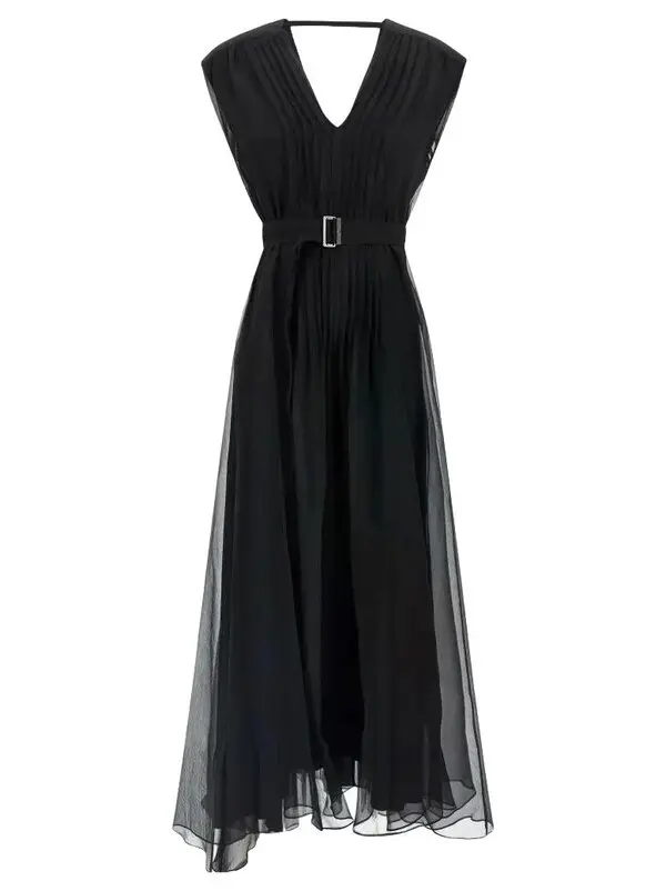 Brunello Cucinelli Pleated V-neck Silk Maxi Dress - Black