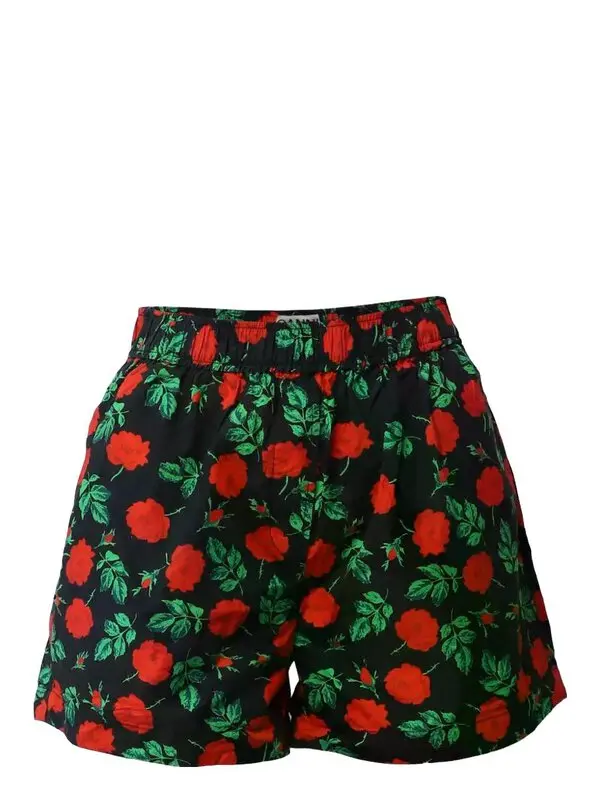 GANNI Rose-print Cotton Shorts - Black