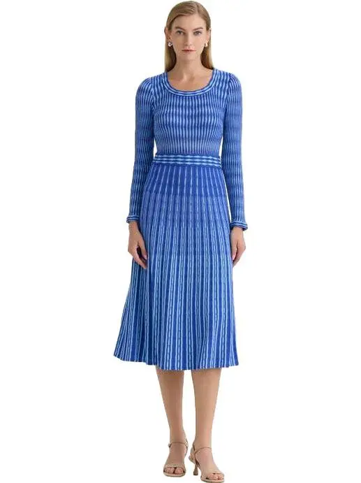 Ming Wang Linear Pointelle Knit Fit-n-flare Midi Dress - Sapphire Sea/serene