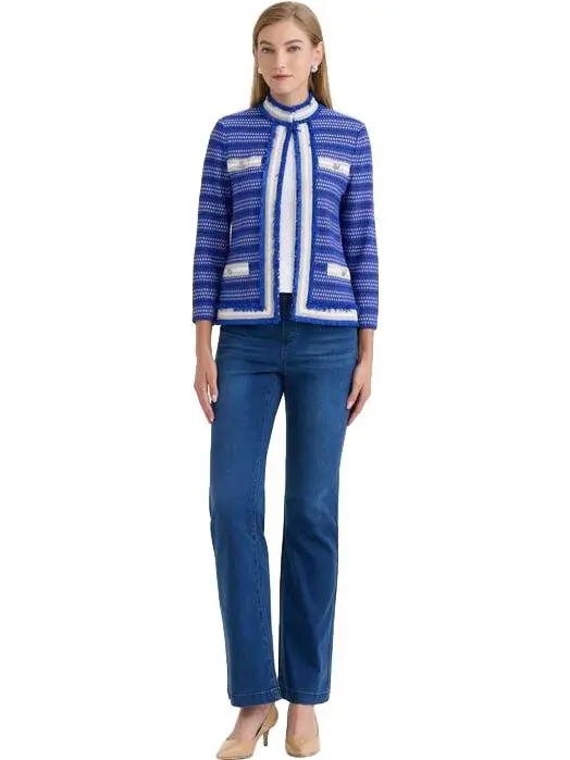 Ming Wang Heritage Ribbon Fringe Trim Knit Jacket - Sapphire Sea/limestone