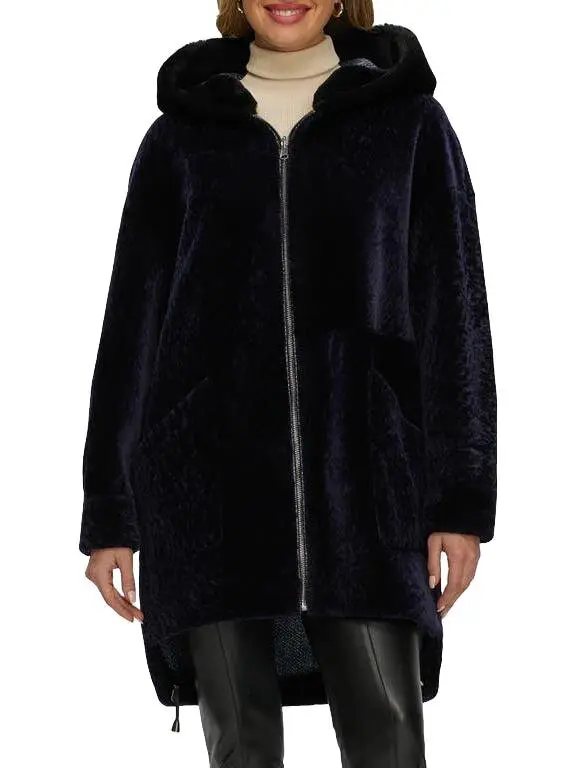 Gorski Genuine Shearling Hooded Long Coat - Navy/blue