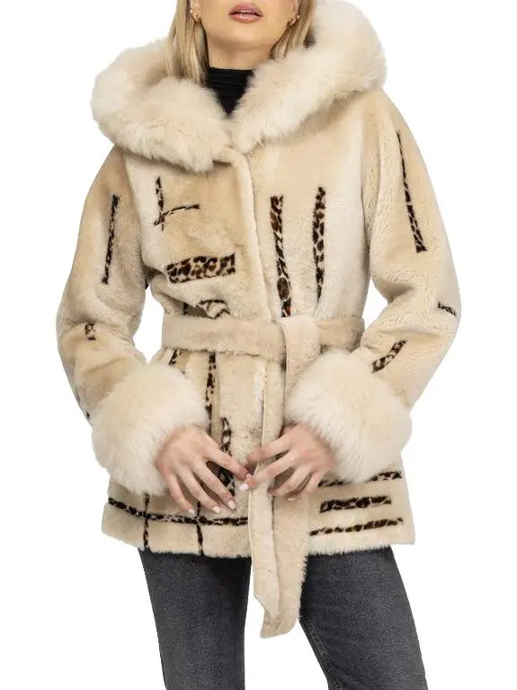 Gorski Reversible Genuine Shearling Parka With Cuffs - Palomino/lprd Intarsia