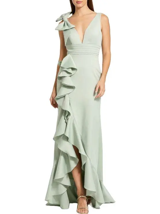 Mac Duggal Crepe Sleeveless Ruffled V-neck Gown With Bow - Sage