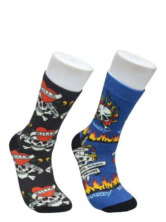 Ed Hardy Flaming Skull Print Crew Socks 2 Pack - Blue