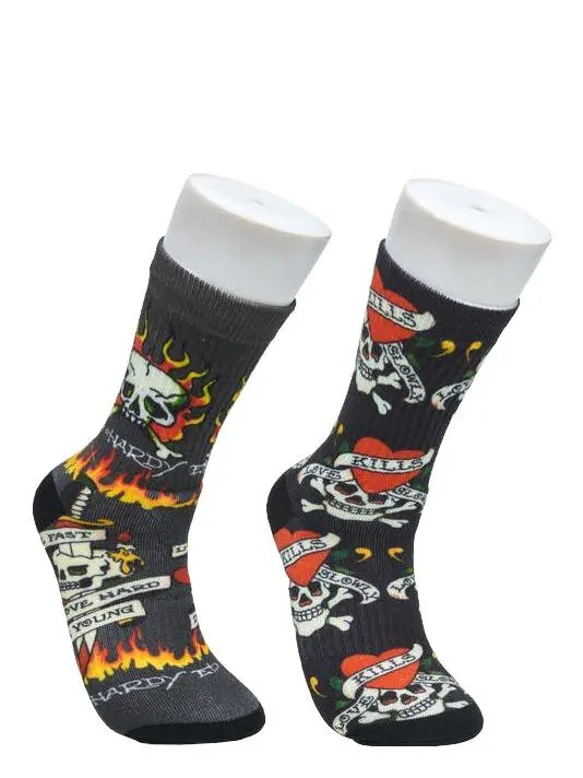 Ed Hardy Flaming Skull Print Crew Socks 2 Pack - Grey