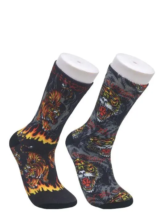 Ed Hardy Tiger Print Crew Socks 2 Pack - Black