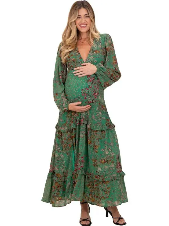 PINKBLUSH Floral Chiffon V-neck Long Sleeve Maxi Dress - Green