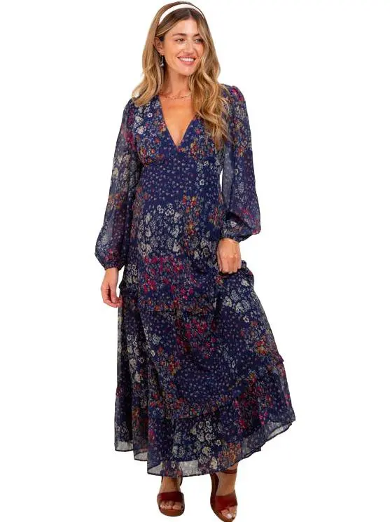 PINKBLUSH Floral Chiffon V-neck Long Sleeve Maxi Dress - Navy Blue