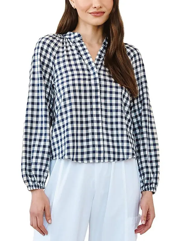 Bella Dahl Long Sleeve Shirred Raglan Shirt - Navy Gingham