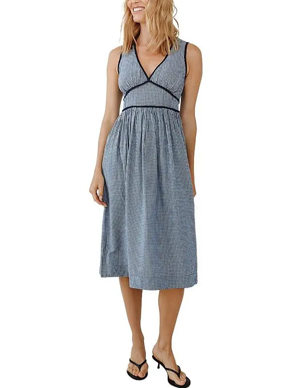 Bella Dahl Fit & Flare V Neck Midi Dress - Navy Micro Gingham