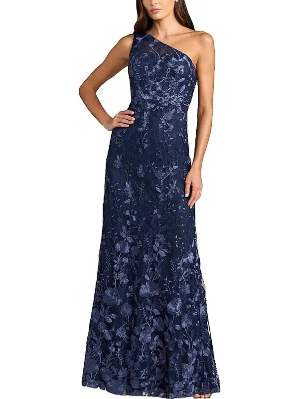 Mac Duggal Petite One-shoulder Floral Embroidered Gown - Midnight Multi