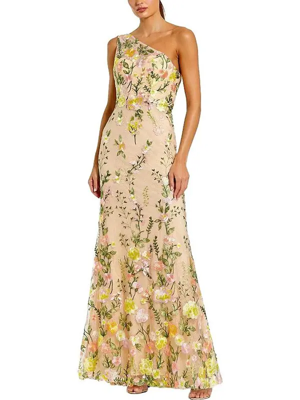 Mac Duggal Petite One-shoulder Floral Embroidered Gown - Yellow Multi