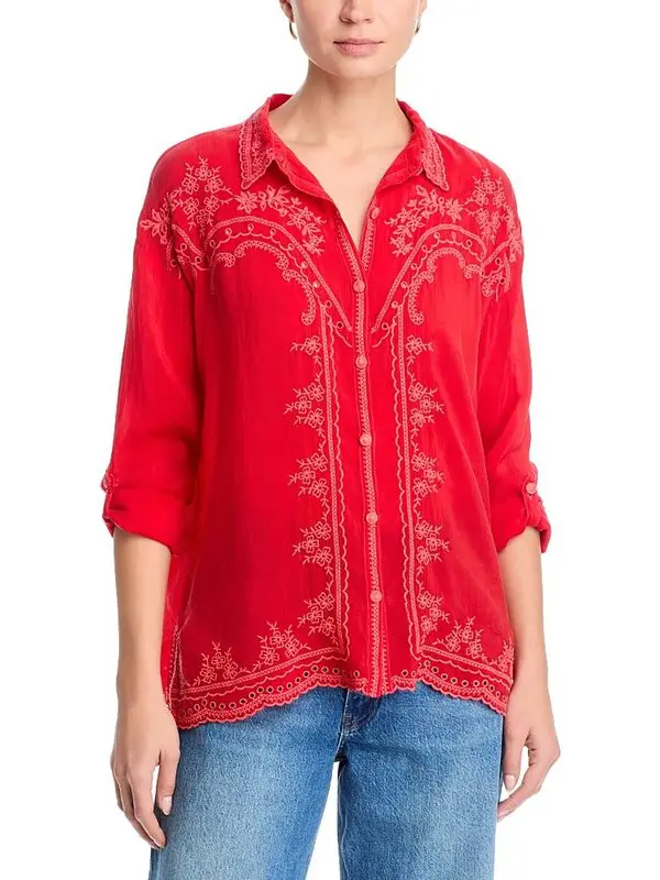 Johnny Was Western Audrey Collared Top - Racer Red