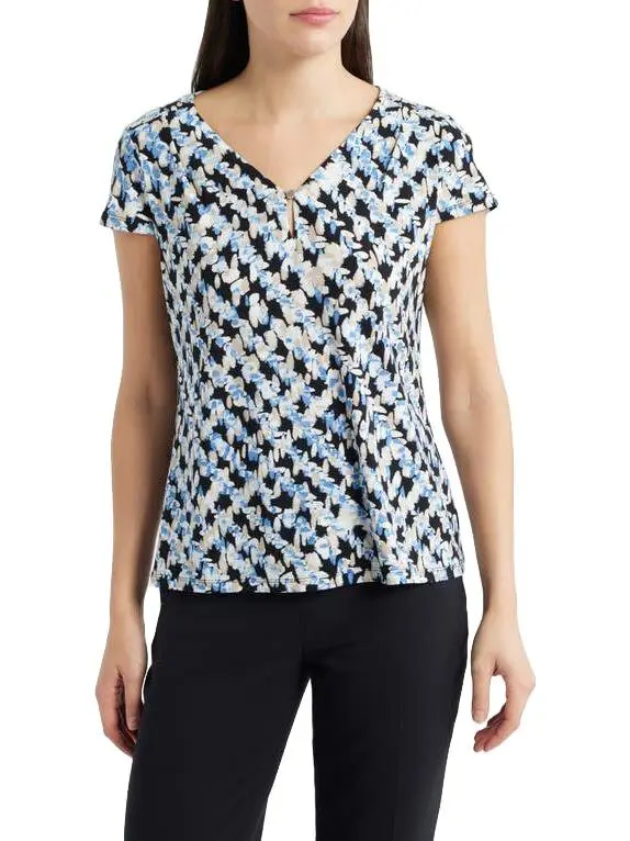 Anne Klein Printed Cap-sleeve Top - Blue Yonder Mlt