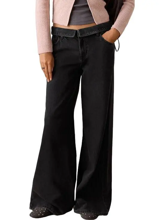 Mango Foldover Low-rise Wide-leg Jeans - Black Denim