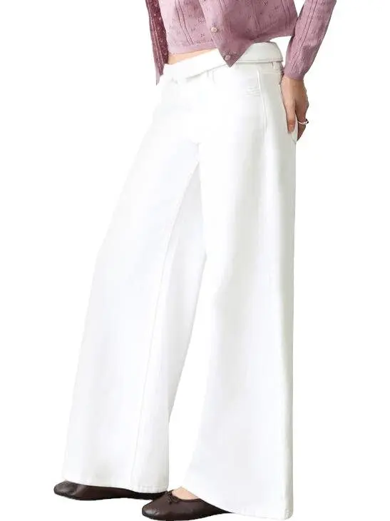 Mango Foldover Low-rise Wide-leg Jeans - Off White