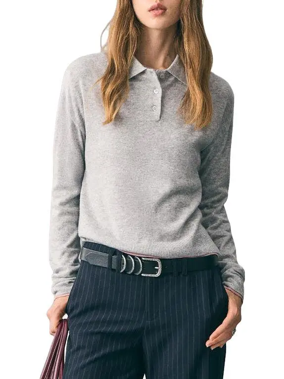 Mango Polo Neckline Fine Knit Sweater - Light Heather Grey